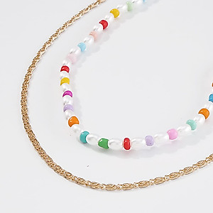 Chargances 2pcs Pearl Choker Necklace for Women Colorful Beaded Choker Dainty Layered Choker Jewelry for Women Girls Gift