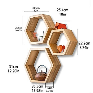 Wall Mounted Hexagon Shelves – Set of 3 Floating Wood Farmhouse Storage Racks, Wall Display Shelf Set, Rustic Home Decor, Hanging Wooden Storage for Living Room, Bedroom, Kitchen, Office, or Entryway