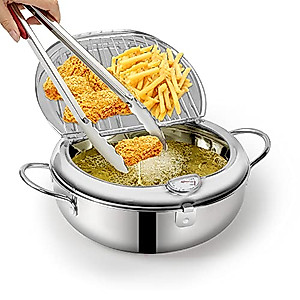 Deep Fryer Pot, 304 Stainless Steel Japanese Deep Fryer with Lid And Oil Drip Drainer Rack for French Fries Chicken Wings shrimp, 3.4L
