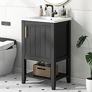 20" Bathroom Vanity Cabinet with Ceramic Sink Top Set, Freestanding, Two-Tier Storage Rack, Soft Closing Door, Black