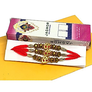 JAGMOR Set of 3 Assorted Colour Rakhi for Brothers Traditional Handmade Rakhi Set, Indian Festive Rakshabandhan Bro Bracelet Thread Rakhee Gift Set