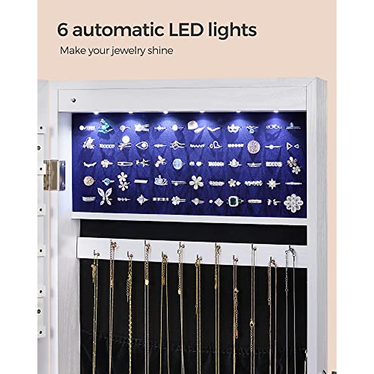 SONGMICS 6 LEDs Mirror Jewelry Cabinet, 42.5-Inch Tall Lockable Wall or Door Mounted Jewelry Armoire Organizer with Mirror, 2 Drawers, 3.7 x 14.6 x 42.5 Inches, White UJJC99WT