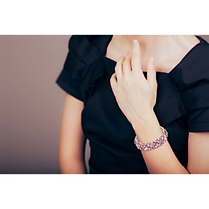 Lavencious Round Shape Rhinestones Elastic Stretch Bracelet Party Jewelry for Women 7"(Silver Pink)