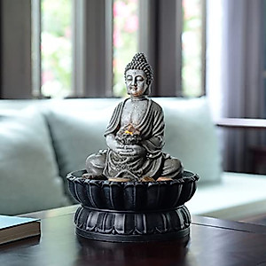 Haobos 9.4" Indoor Tabletop Fountain Exquisite Sitting Buddha Fountains Desk Water Fountain Decorative Zen Fountain w/Reflective Lighting/Cobblestone Office and Home Decor(21125B)