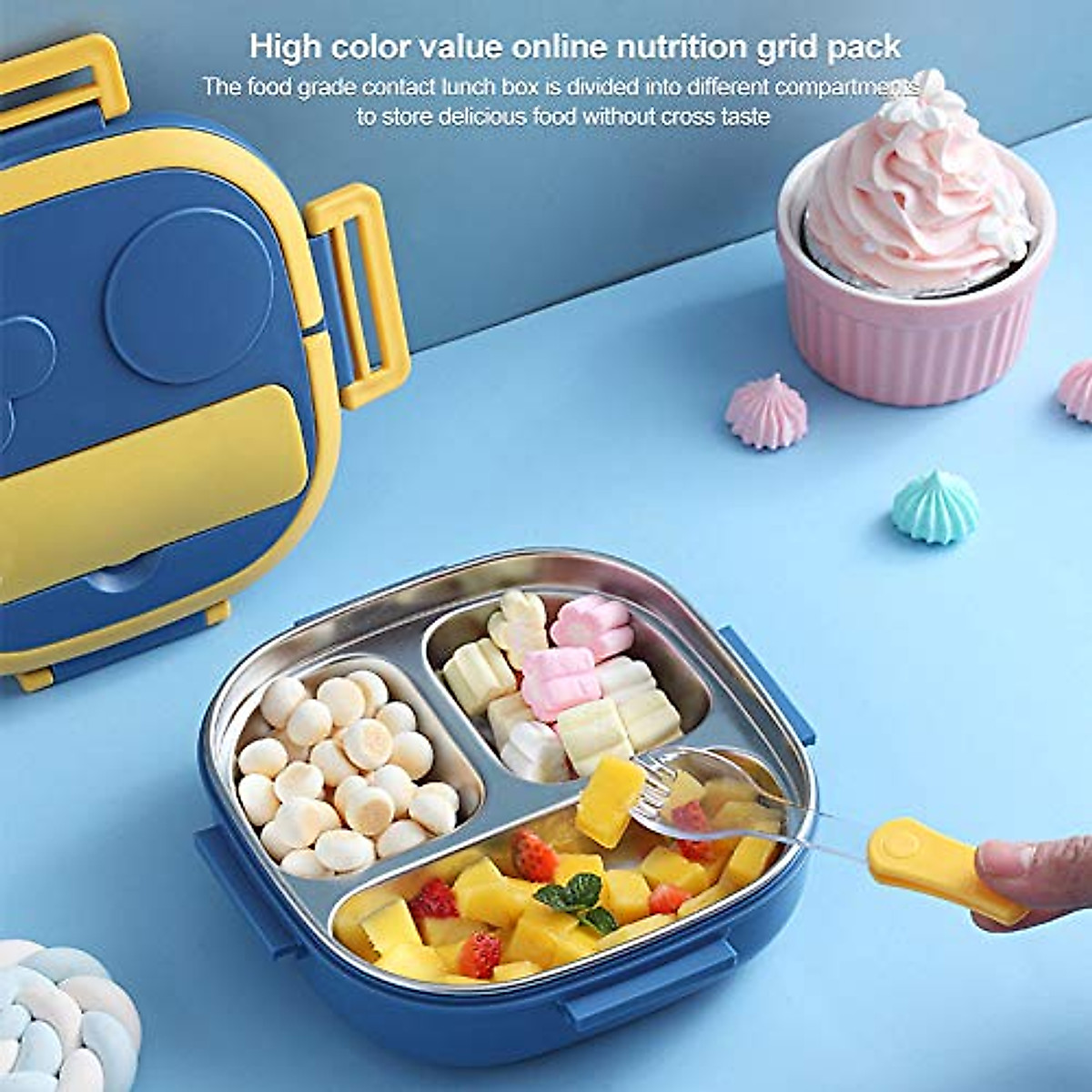 SYCOOVEN Bento Lunch Box, 550 ml Multi Grids Stainless Steel Lunch Box with Leakproof Lid & Spoon, Portable Durable Lunch Container for Kids Adults Toddler, Car, Home, School, Office(blue)