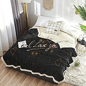 Sherpa Fleece Blanket Fuzzy Throw for Couch, All Season Warm Cozy Plush Thermal Flannel Blankets for Bed Sofa - 40"x50" Valentine's Day I Love You Gold Heart