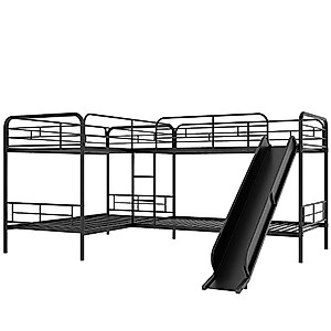 MOEO Twin Size L-Shaped Bunk Bed with Slide, Metal Bunkbed Frame w/Ladder & Safety Guardrail for 4, Bedroom, Home, No Spring Box Needed, Black