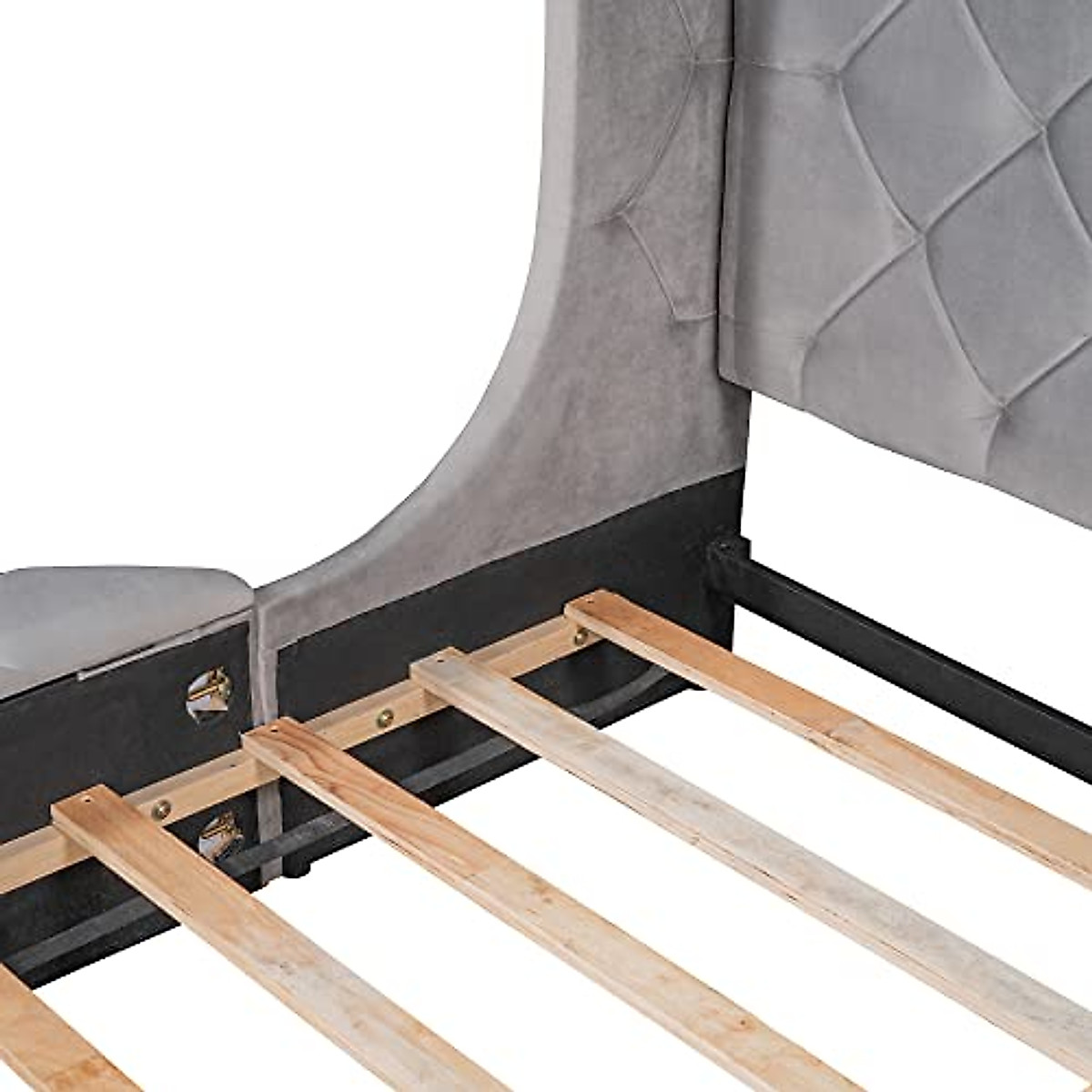 BOVZA Queen Size Platform Bed Frame, Velvet Upholstered Bed with Wingback Headboard and and 1 Big Drawer, 2 Side Storage Stool, No Box Spring Needed, Gray