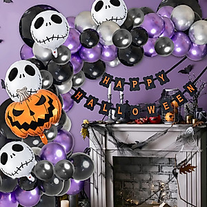 Skull Halloween Birthday Party Decorations - 141pcs Purple Black Balloon Garland Arch Kit with Pumpkin Skull Balloons for Nightmare Before Christmas, Day of the Dead, Halloween Baby Shower Decorations