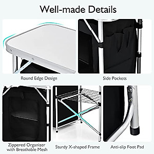 Goplus Folding Camping Kitchen Table with Storage, Aluminum Portable Outdoor Cooking Table with Windscreen, Foldable Camp Table Cook Station for BBQ, Grill, Party, Picnics, 68D x 19W x 43.5H in, Black