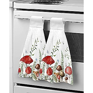 LBDOMOV Mushroom Kitchen Hand Towel,Soft Hanging Dish Towels with Loop,Bohomia Botanical Floral Wildflowers Green Leaves Butterflies Absorbent Drying Cleaning Cloth Dishclothes Decorative Sets,2-PC