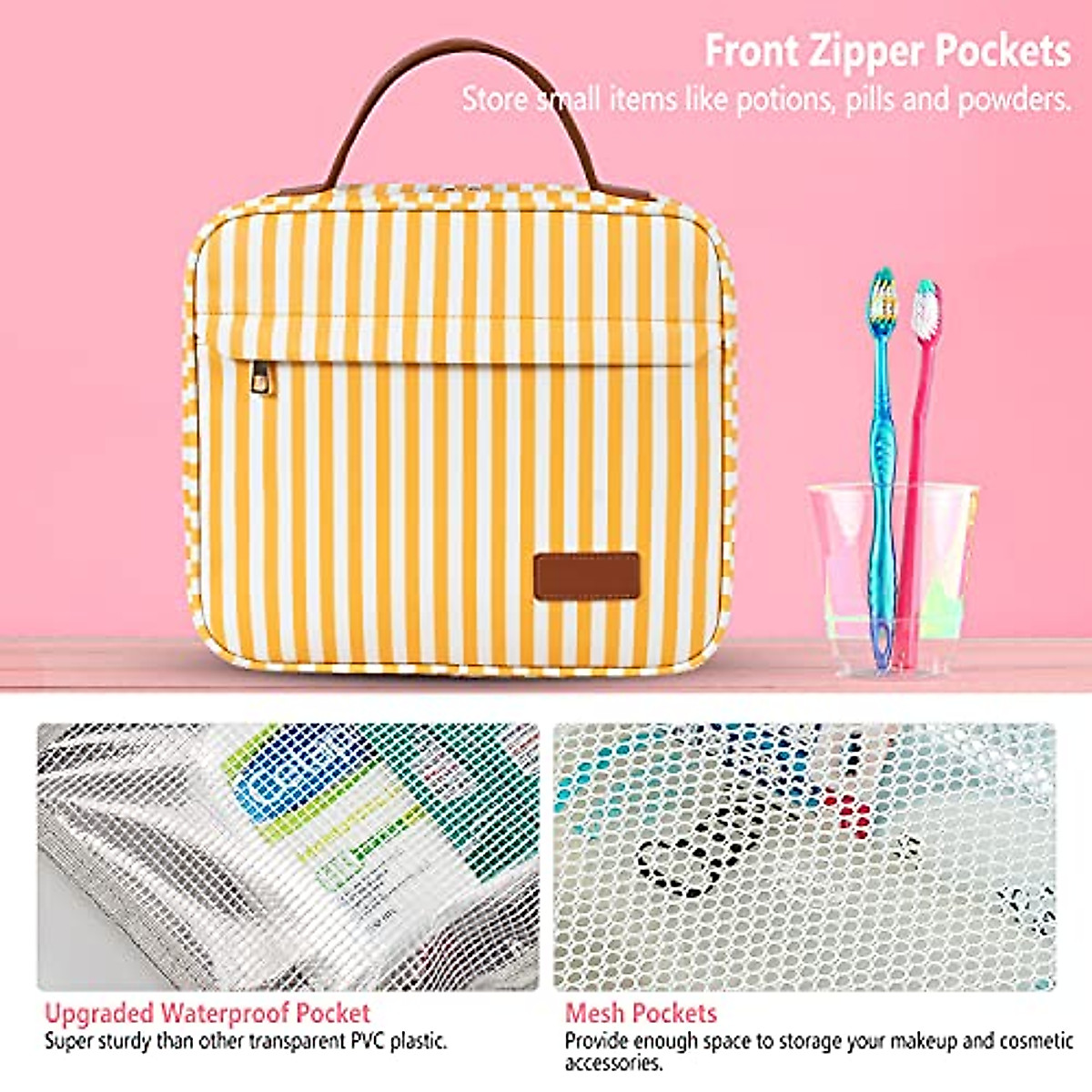 WDLHQC Hanging Travel Toiletry Bag with Hook | Water Proof Zip Bag with 4 Compartments + 2 Outer Zip Pockets | Cosmetic Travel Bag for Toiletries | Travel Essentials for Women & Men (Yellow Stripe)