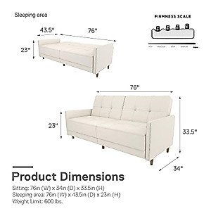 DHP Andora 76 Inch Futon Sofa Bed in Faux Leather, Modern Upholstered Couch Sleeper with Button Tufted Back and Seat, White