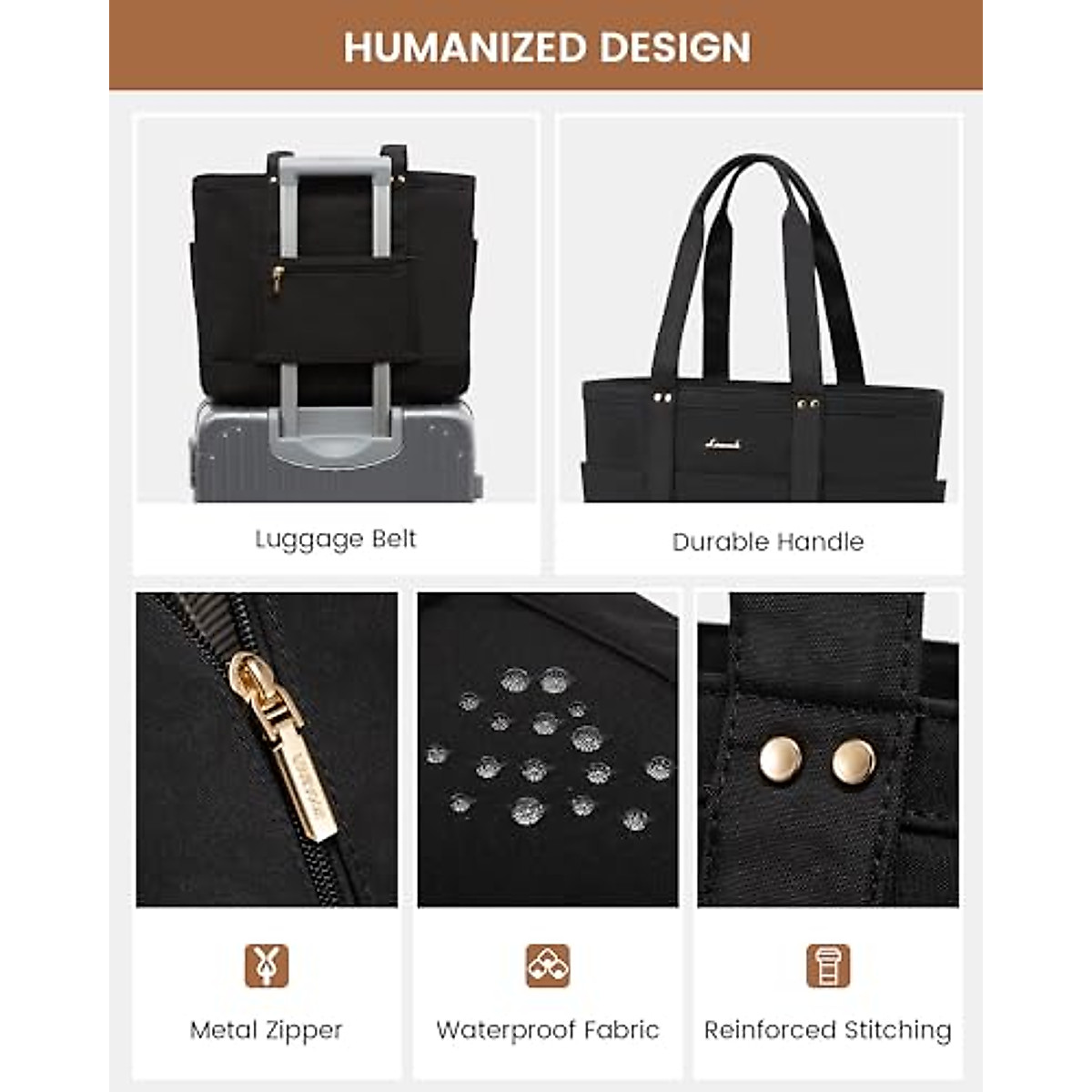 LOVEVOOK Tote Bag for Women Large Shoulder Bag, Lightweight Work Tote Bag for Teacher, 15.6 Inch Laptop Bag with Luggege Strap, fits College Business Daily Travel Black