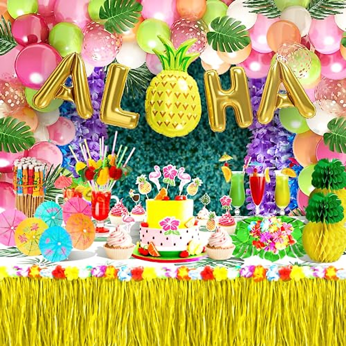 ADAM’S OFFER Hawaiian Luau Birthday Party Decorations Tropical Aloha Party Supplies for Summer Beach Decor Leis Necklaces Table Skirt Tablecloth Straws Toppers Leaves Balloon Kit