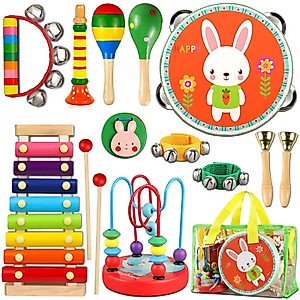 LOOIKOOS Toddler Musical Instruments Toys, Wooden Percussion Instruments Set for Kids Baby with Xylophone, Preschool Educational Musical Toys for Boys and Girls with Storage Bag(12pcs)