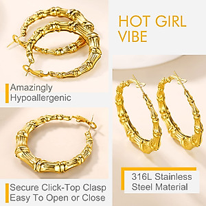 Bandmax 18K Gold Plated Round Hoop Earrings 80MM Hip Hop Bamboo Hoop Earrings 80S 90S Rap And Rock Night Club Big Gold Earrings for Women