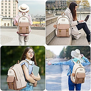 MOMUVO Backpacks for Girls, 15.6 Inch Laptop School Bag Cute College Backpack Large Bookbags for Teens Women Students Anti Theft Travel Daypack (Khaki & Beige)