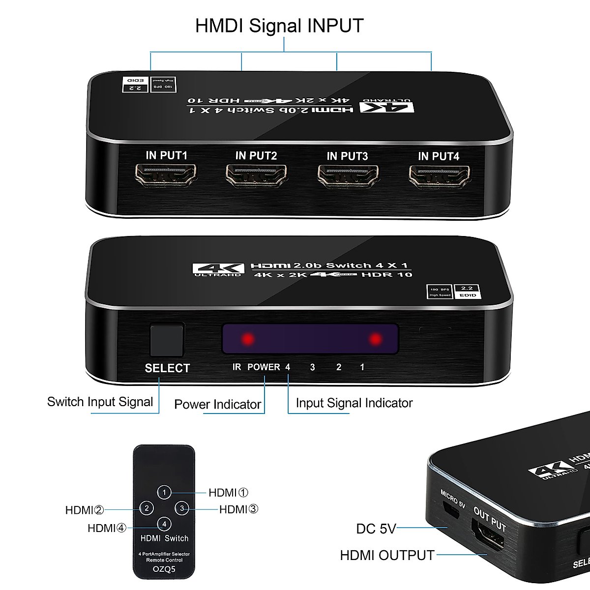 FERRISA 4K 60Hz 4x1 HDMI Switch, 4 Port Auto HDMI Switch Box with IR Remote,Support HDCP 2.2 4Kx2K 3D 1080P,4 in 1 Out HDMI Switch Switcher Selector for Xbox360/PS3/Roku/to TV Projector