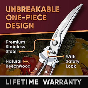 Heavy Duty Poultry Shears | Food Grade Stainless Steel Scissors for Bone, Chicken, Meat, Fish, Seafood, Vegetables | Anti-Rust Ergonomic Spring Loaded Food SHEAR | Built-In Lock |(Brown Wood Handles)