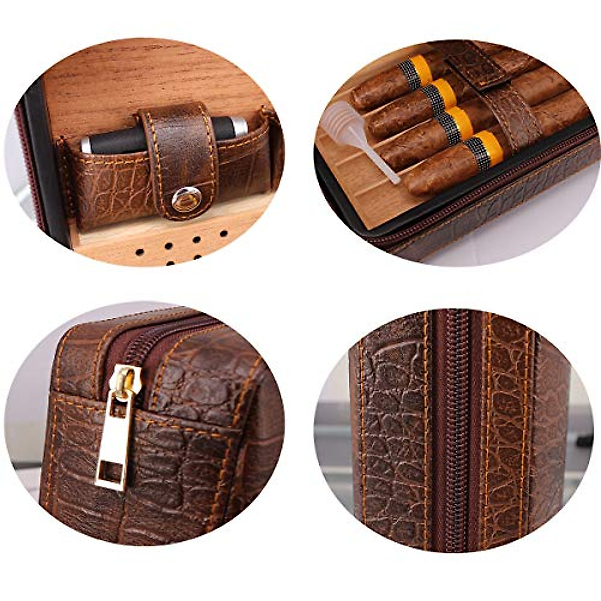 AMANCY Manly Black Brown Crocodile Pattern Leather Travel Cedar Wood Lined 4 Cigar Humidor Case, Included Cigar Cutter and Lighter Set