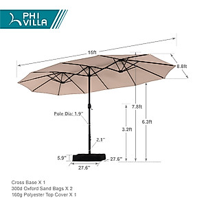 PHI VILLA 15ft Large Patio Umbrella with Base, Double-sided Outdoor Umbrella, Beige