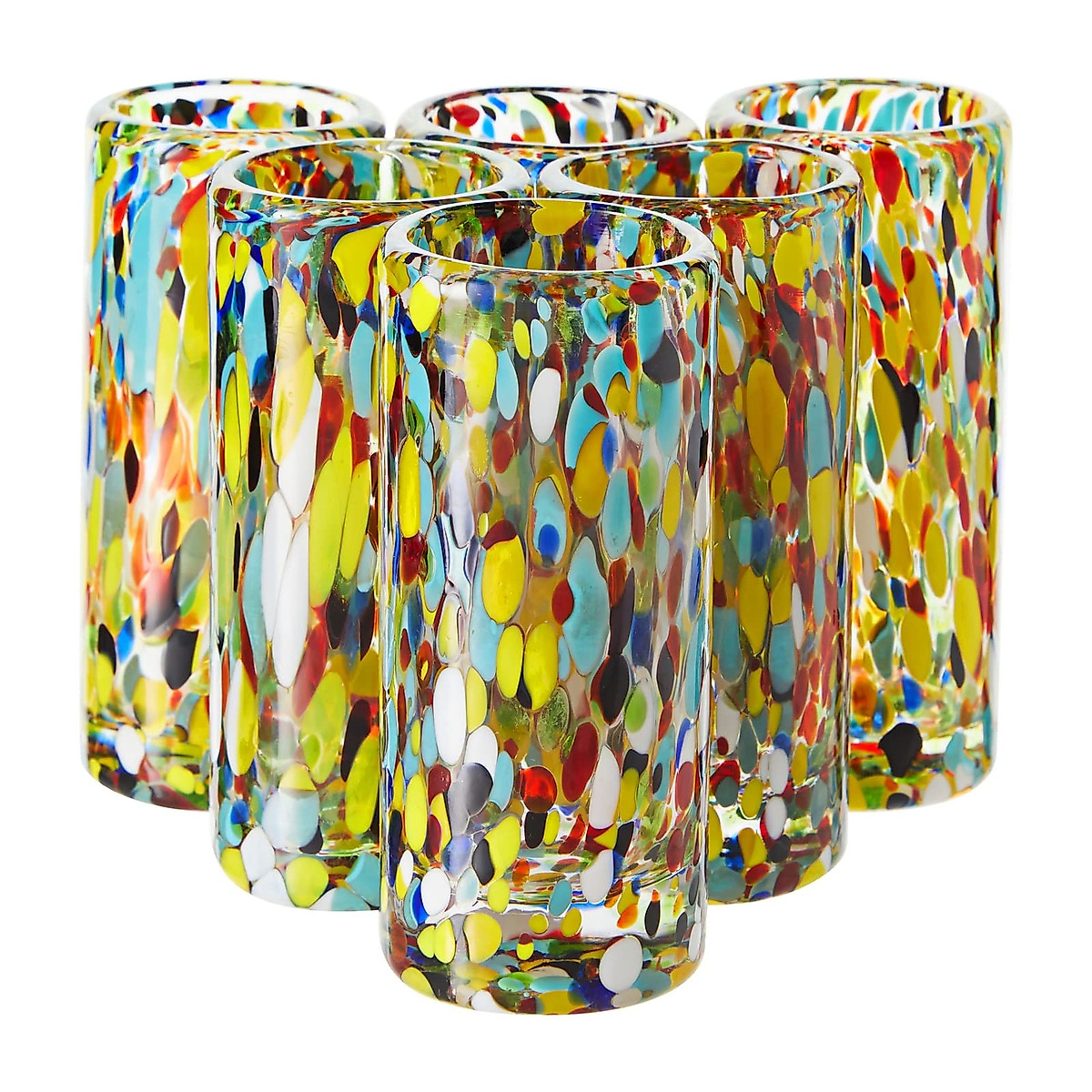 Okuna Outpost 2 oz Hand Blown Mexican Double Shot Glasses with Confetti Design, Tequila Sipping Set (Set of 6)