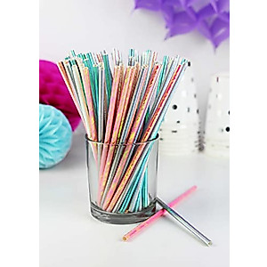 Just Artifacts Iridescent Disposable Drinking Party Paper Straws (100pcs, Silver), One Size