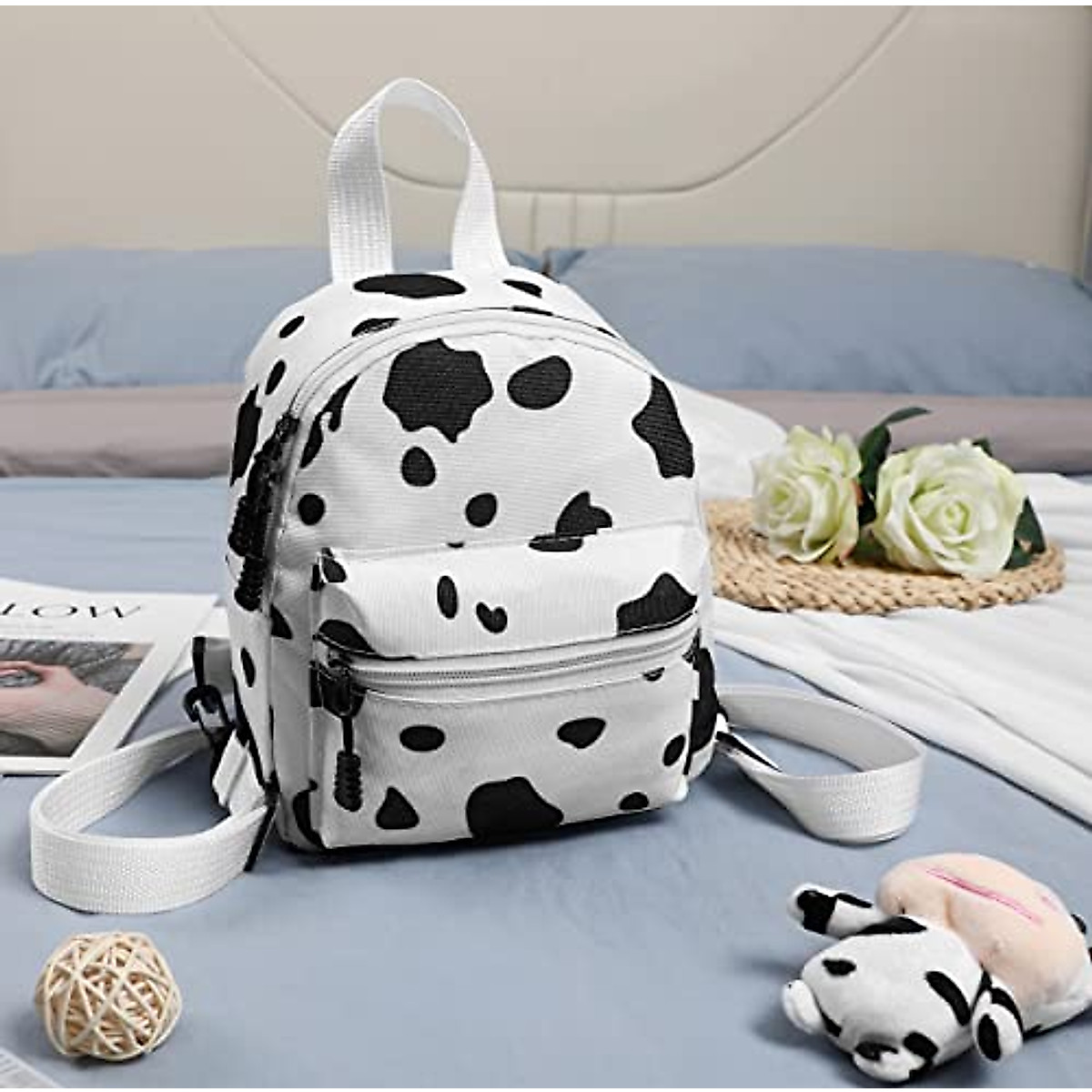 Amosfun Cow Pattern Backpack Cow Print Backpack Mini Canvas Daypack with Plush Cow Pendant for Bag Accessory