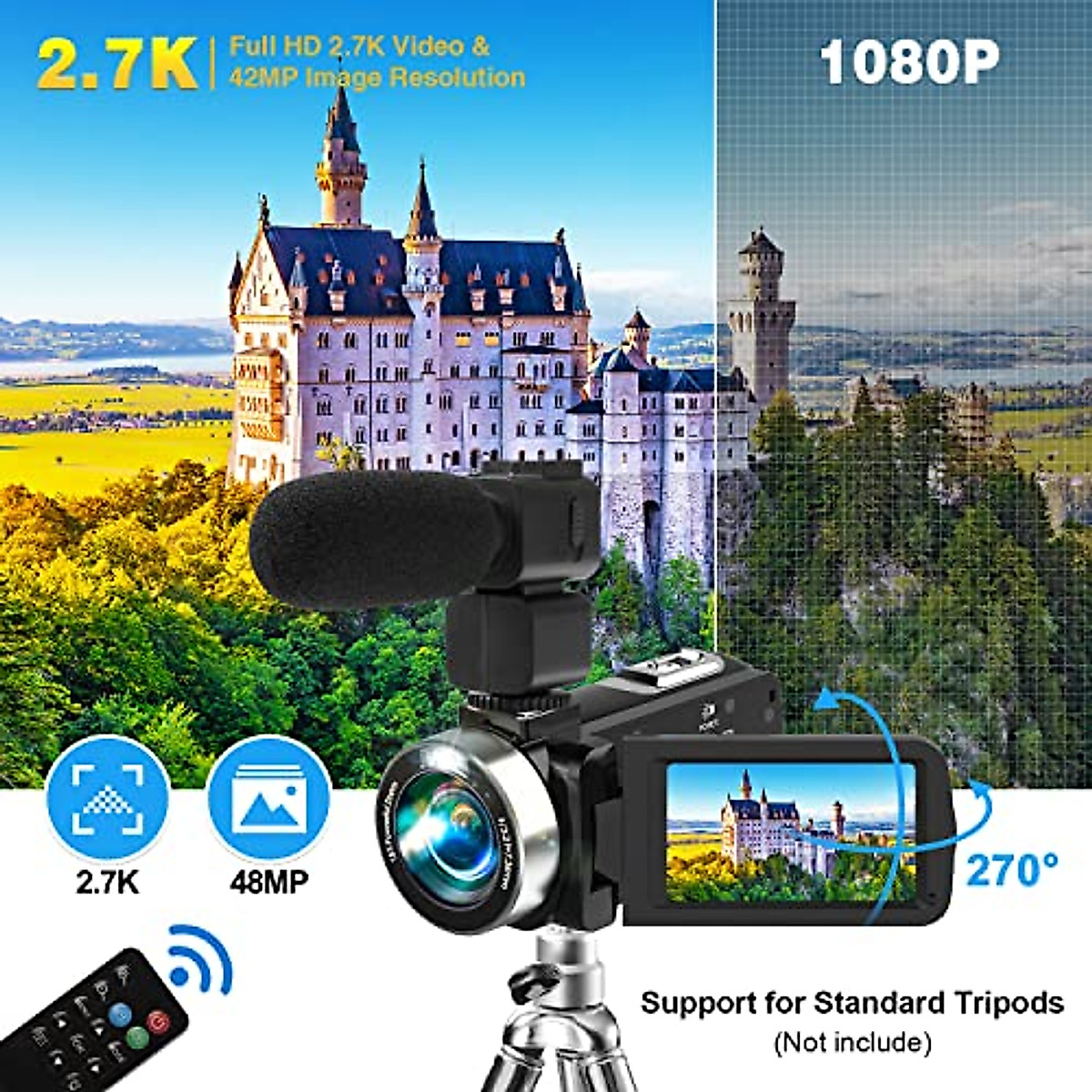 Heegomn Video Camera Camcorder with Microphone HD 2.7K Video Recorder Camera Vlogging Camera for YouTube Kids Camcorder with 3.0" LCD Screen,18X Digital Zoom,Remote,2 Batteries and 32G SD Card