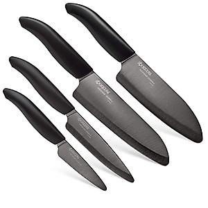 Kyocera’s Revolution 4-Piece Ceramic Knife Set: Chef Knife For Your Cooking Needs, Includes 6"Chef's Santoku, 5.5" Santoku, 4.5" Utility & 3" Paring Knives, Black