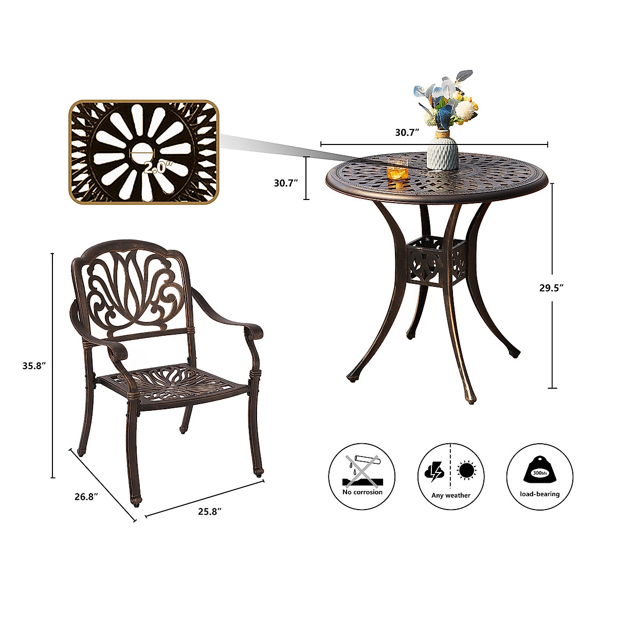 Grepatio 3 Piece All Weather Cast Aluminum Dining Set - 2 Patterned Back Chairs, 1 Bistro Table with Umbrella Hole -Outdoor Furniture Dining Set for Patio, Antique Bronze