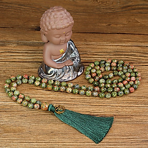 COAI OM Charm Hand Knotted Tassel Unakite Stone 108 Mala Beads Necklace 8mm