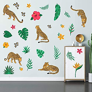 WOYINIS Leopard Cheetah Jaguar Wall Decal Stickers DIY Palm Leaves Plants Flowers Wall Decals Removable Peel & Stick Tropical Wall Decals for Living Room Bedroom Playroom Classroom Nursery Wall Decor