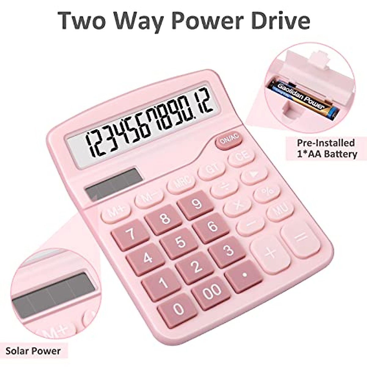 Calculators, Splaks 2 Pack Standard Functional Desktop Calculators Sola and AA Battery Dual Power Electronic Basic Calculator with 12-Digit Large Display for Office, Home, School (1 Blue & 1 Pink)
