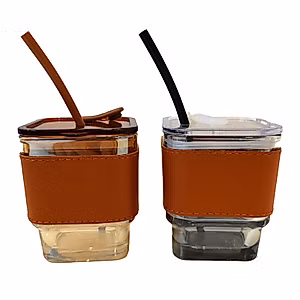 YULUDZSW Glass Cups With Lids And Straws, 16oz Coffee Cup, Hick Wall Glass Tumbler With Insulated Leather Sleeve Smoothie Cups,Travel Ready Coffee Tumbler/Couple Style Amber + Smoky Gray