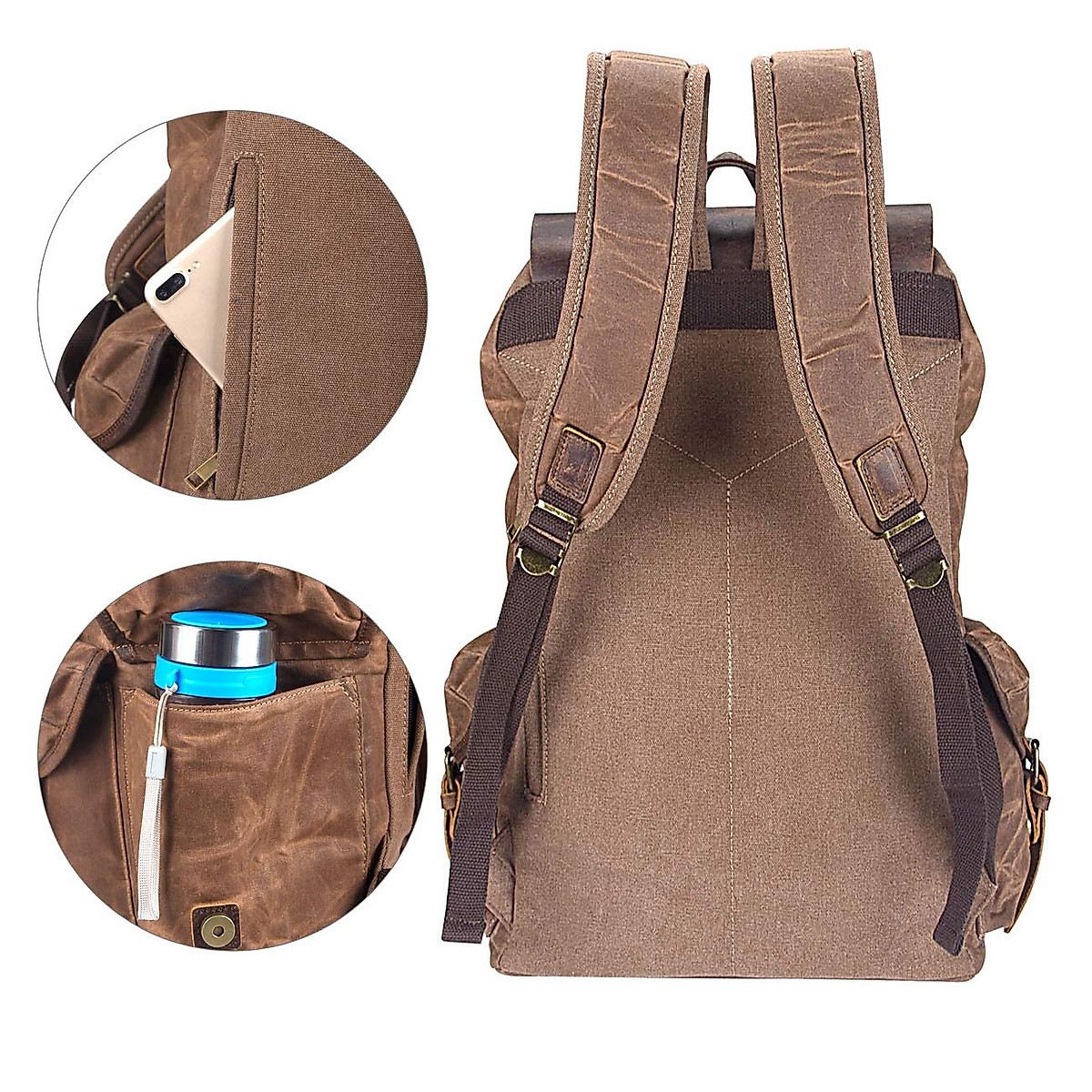 WUDON Leather Backpack for Men, Waxed Canvas Shoulder Rucksack for Travel School (Coffee-Oversize, Oversize)