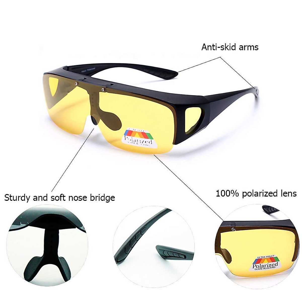 DBWEAR Night Vision Glasses Polarized Fit Over Prescription Flip Up Lens Driving Night Glasses for Men Women, Yellow, Large