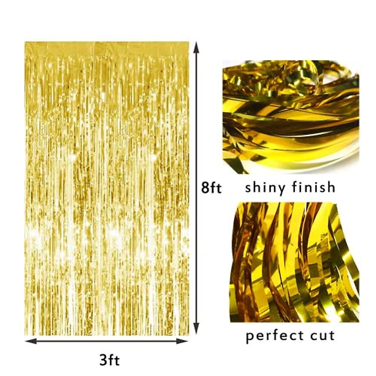 Sharlity 4PCS 3' X 8' Black and Gold Metallic Tinsel Foil Fringe Curtain Backdrop for 2023 New Years Eve, Halloween Party Decoration