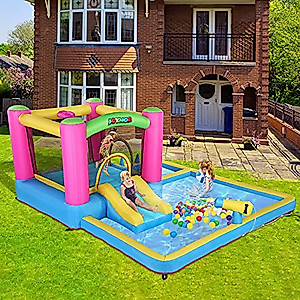 JOYMOR Inflatable Water Slide Park for Backyard, Bounce House w/Blower, 2 Water Guns, Splash Pool, Water Slide Bouncer Castle Outdoor Playhouse for Little Kids