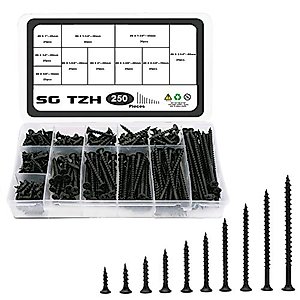 #8 Drywall Screws 250PCS Black Carbon Steel Flat Head Fast Self Tapping Drywall Screws,Wood Screws,Wood Screws Assortment Set by SG TZH