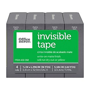 Office Depot Invisible Tape, 3/4in. x 1296in., Pack of 4 Rolls, OD-P4