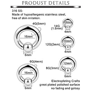 Hoeudjo Large Septum Rings 14G 12G 8G 6G 4G PA Ring Spring Action Captive Bead Rings Ear Gauges Stretching Expander Kit Stainless Steel Stretched Septum Jewelry Kit for Women Men