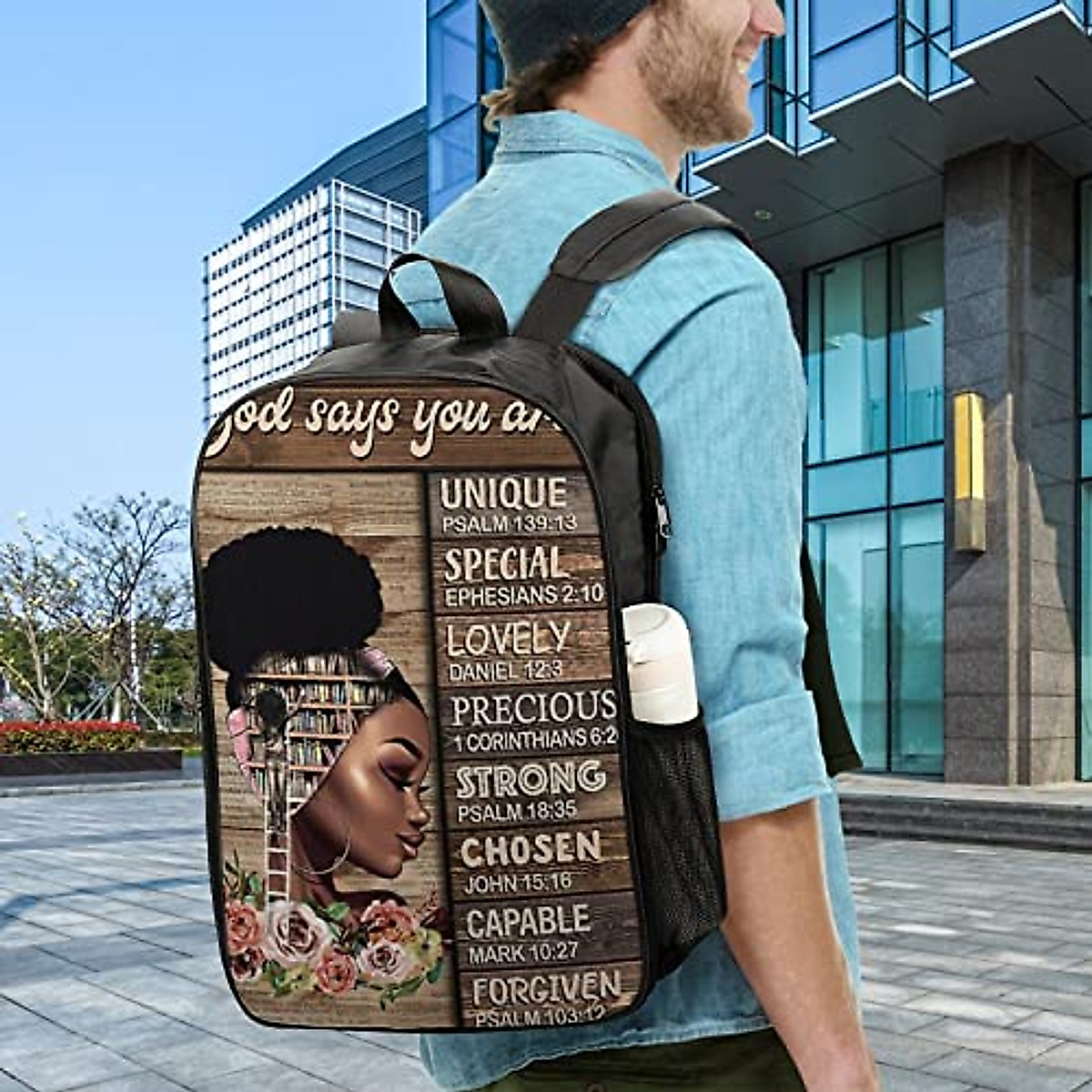 African American Women God Says You Are Unique Melanin Backpack Large Bookbag Double Sided Prints Travel Backpack Unisex Casual Backpack School Backpack, 17 Inch, Black Girl Pride