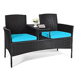 LDAILY Patio Conversation Set, Modern Rattan Loveseat, Outdoor Furniture Set with Removable Cushions & Table, Patio Wicker Sofa Set, Tempered Glass Top, Ideal for Garden Lawn Backyard