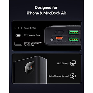 Baseus 20000mAh Portable Laptop Charger, PD 30W Power Bank, Battery Pack with Fast Charging, 3 Port Charging USB-C Portable Phone Charger for iPhone 15/14/13 Series, MacBook and Steam Deck (Dark Gray)