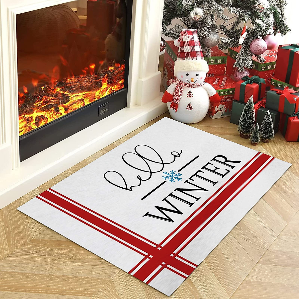 Hello Winter Door Mats, 23.6" x 15.7" Outdoor Indoor Entrance Doormat Welcome Mats, Absorbent Water Non Slip Entryway Rug, Front Doormat Inside Outside, Christmas Snowflake with Holiday Red Stripes