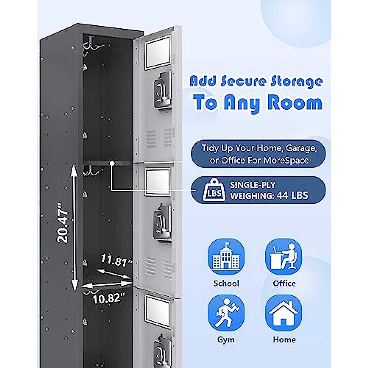 KAER 3 Doors Metal Locker,Lockable Storage Cabinet,Metal Lockers for Employees,Locker for School, Gym, Home, Office, Garage Storage Cabinet with Mirror Hook and Assembly Tool (Off-White, Unassembled)