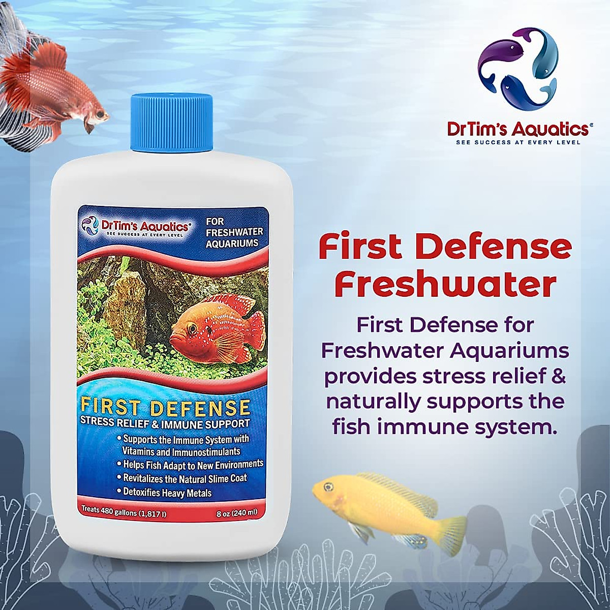 DrTim's Aquatics First Defense for Freshwater Aquariums – Stress Relief & Immune System Support with Vitamins Immunostimulants Fish Tanks 4oz.