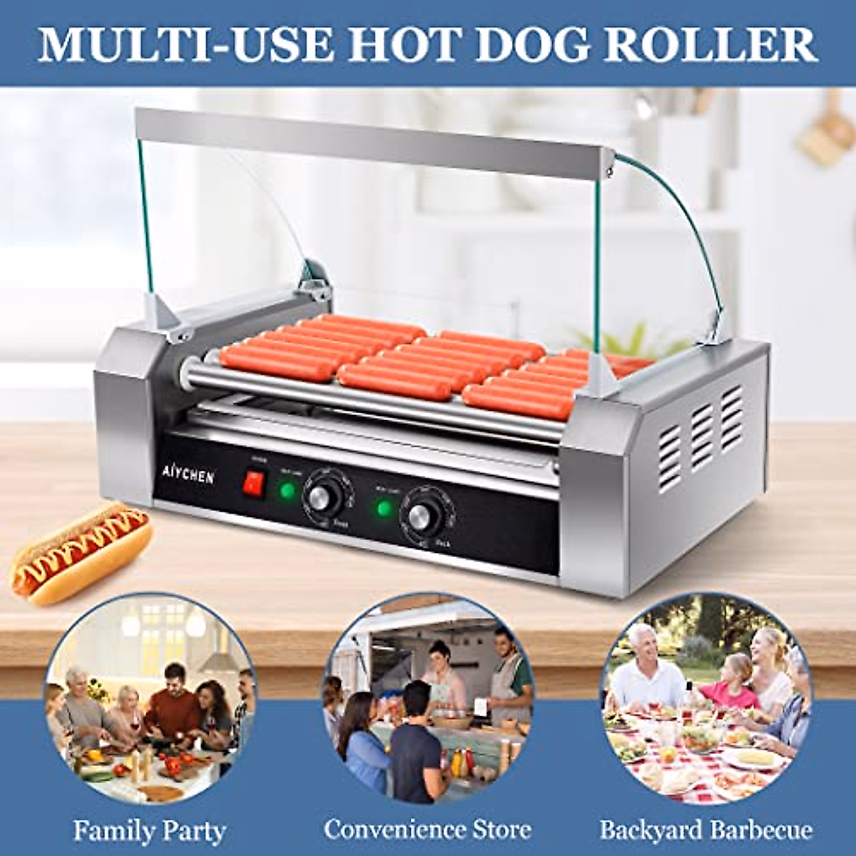 Hot Dog Roller Machine Electric Grill Cooker Machine with Glass Cover 18 Hot Dog Capacity 7 Roller Grill Machine for Commercial Grade Household 120V 900W (7 Roller Grill)